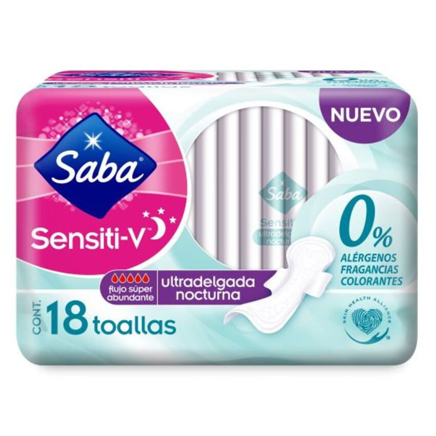 Toallas Femeninas Saba Sensiti-V Ultradelgada Nocturna 18 Piezas